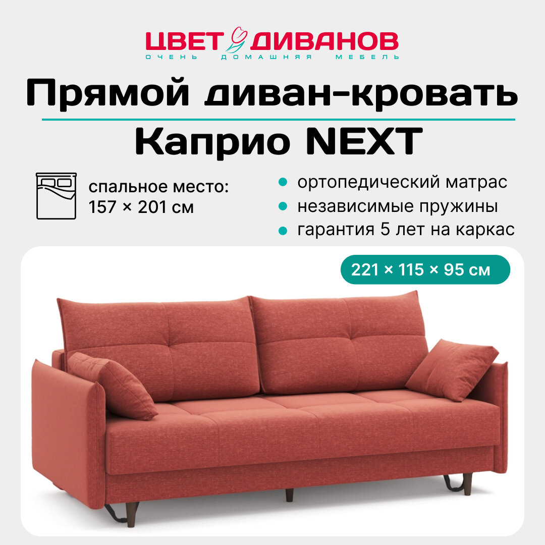 Прямой диван кровать Цвет Диванов Каприо NEXT 22 221 раскладной, пружинный ортопедический матрас, шенилл, металлокаркас