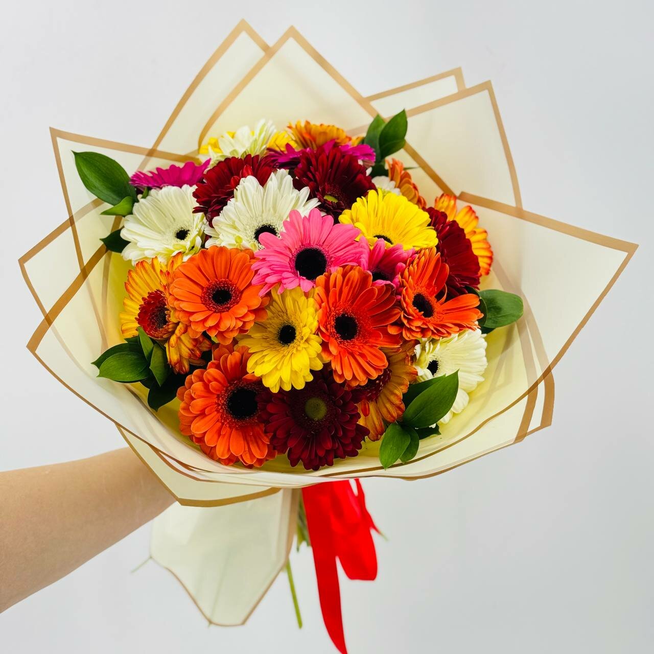 Большой пышный букет из 25 разноцветных гербер с веточками салала