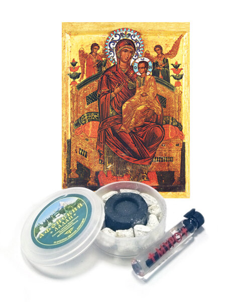 "Чудотворные Иконы и Святыни Афона" Подарочный набор (2шт. в уп.): икона с молитвой, миро афонское, ладан афонский
