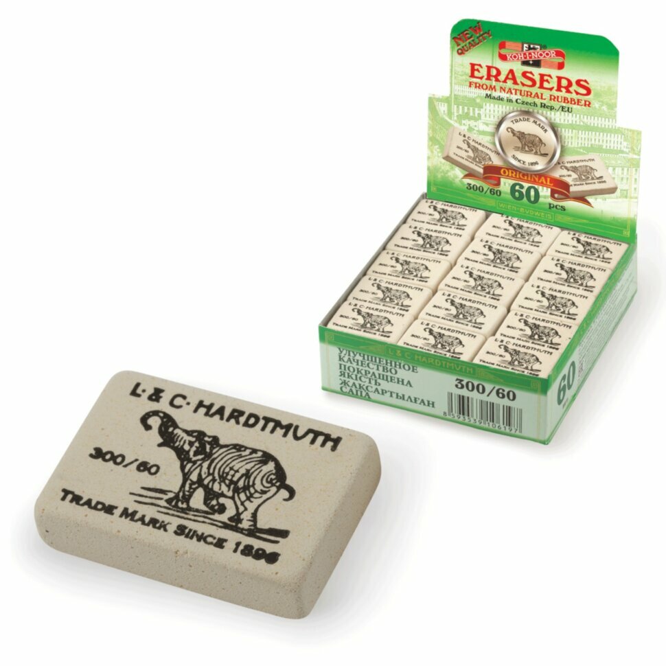 Ластик KOH-I-NOOR "Слон" 300/60, 31х21х8 мм, белый, прямоугольный, натуральный каучук, 0300060024KDRU, 220404