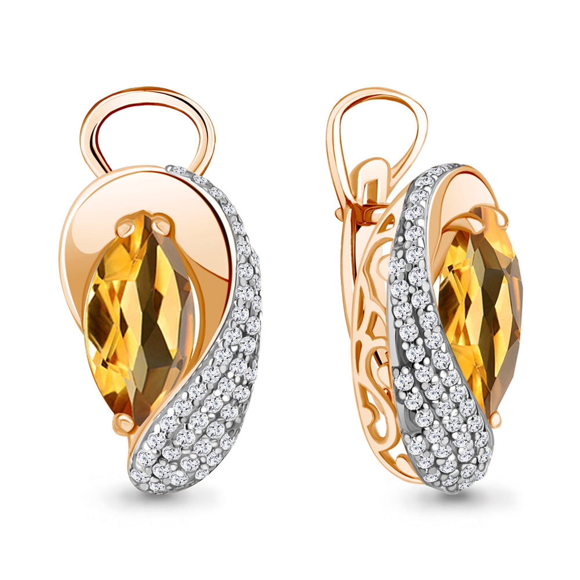 Серьги, серебро, 925 проба, золочение, цитрин, фианит