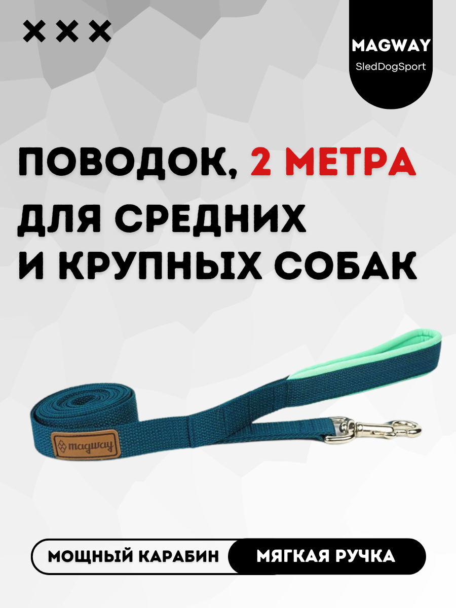 Поводок с мягкой ручкой MagWay, для собак крупных и средних пород, длина 2 метра, ширина 25мм, цвет бирюзовый