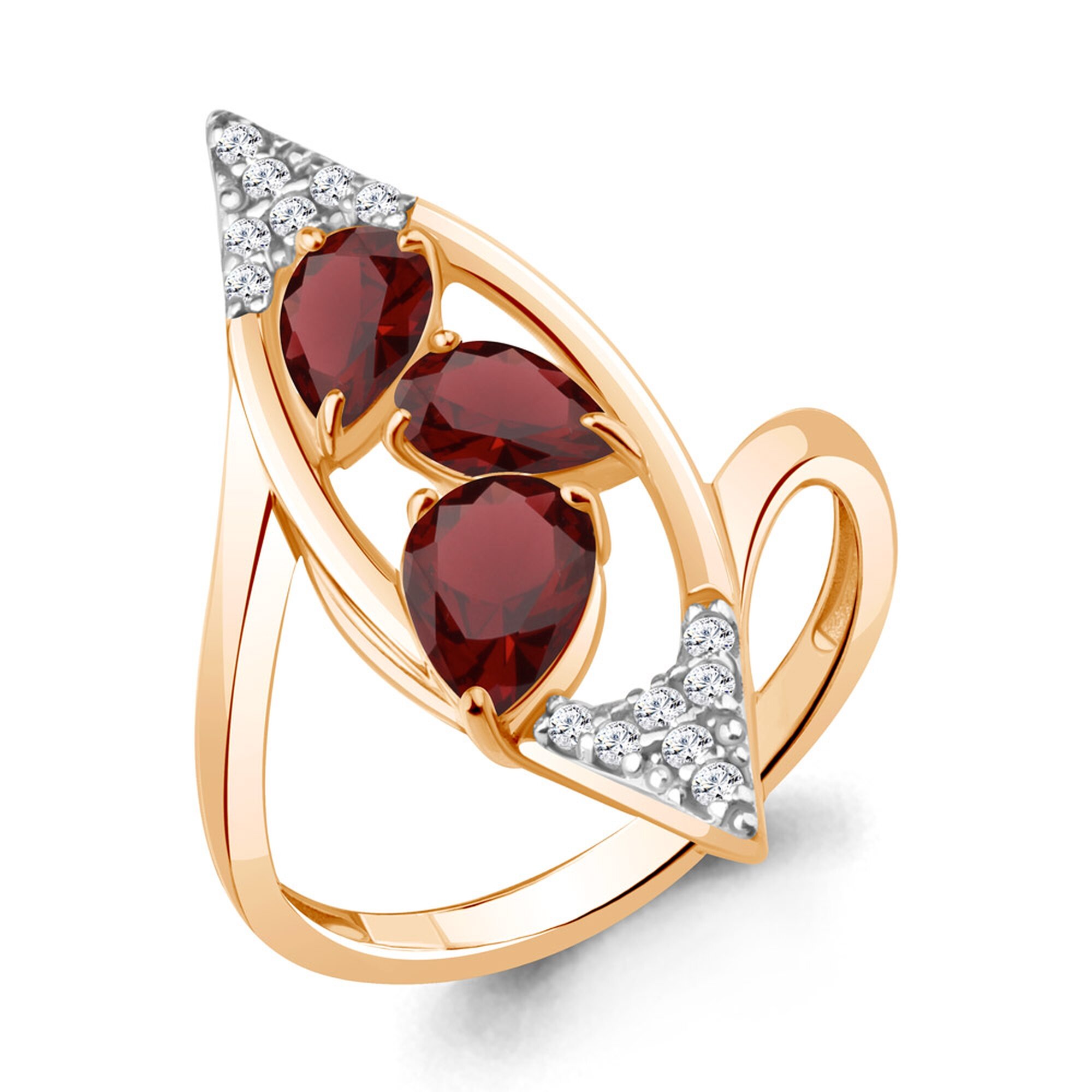 Кольцо, серебро, 925 проба, золочение, фианит, гранат