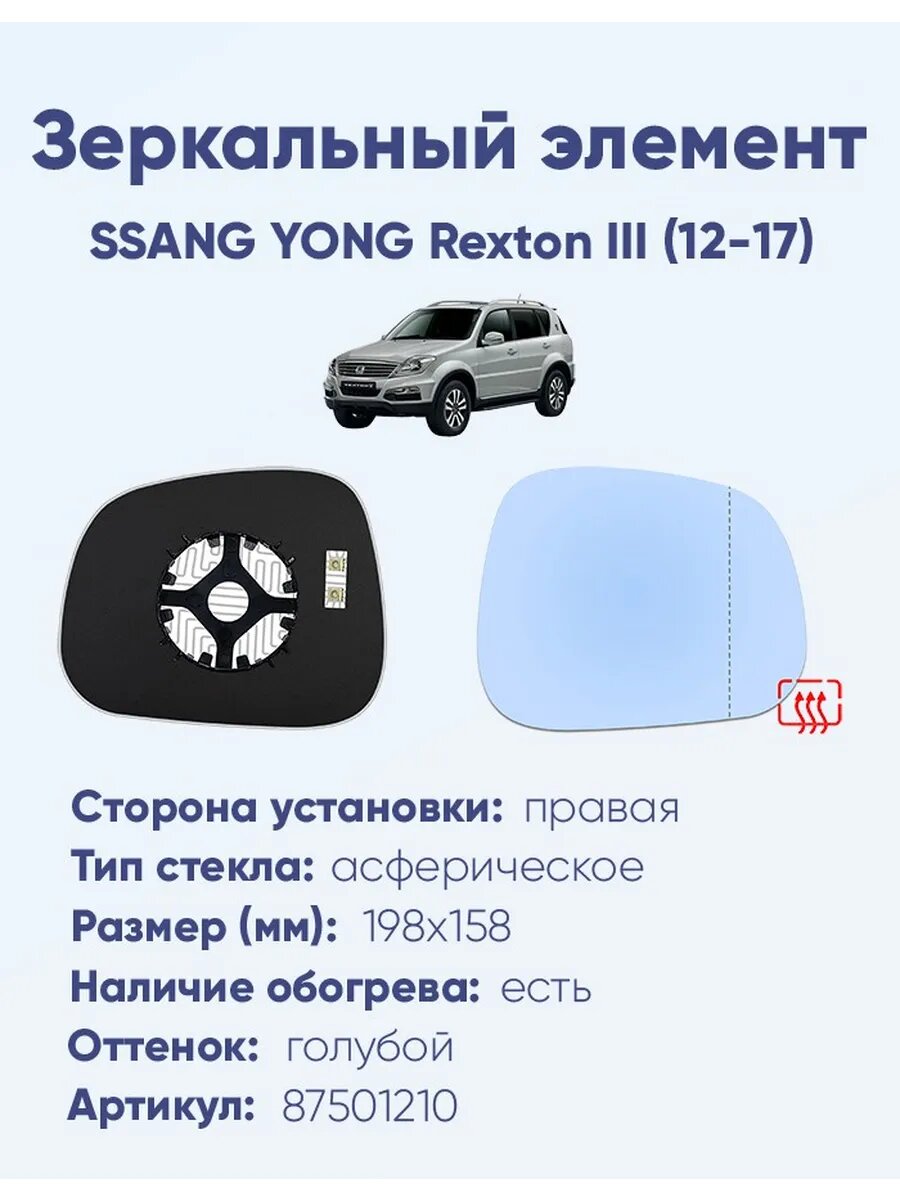 Зеркальный элемент правый SSANG YONG Rexton III (12-17) асферика голубой с обогревом