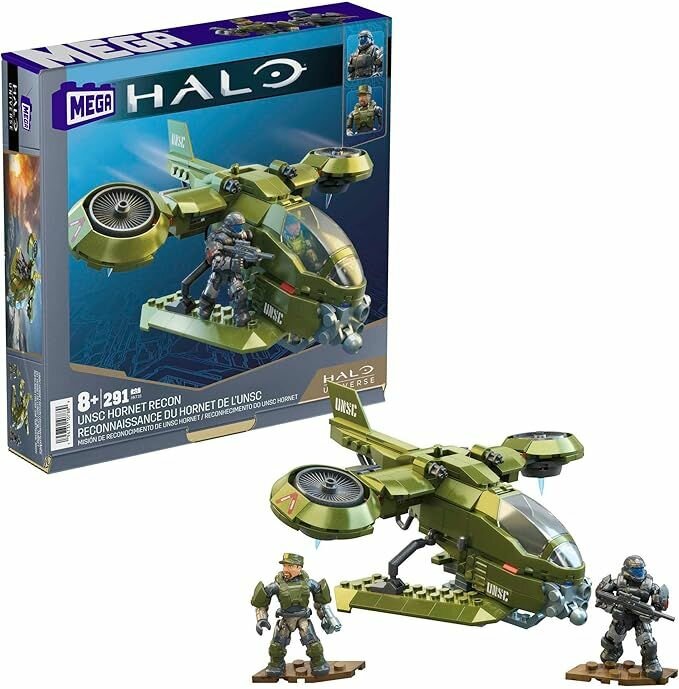 Детский конструктор MEGA Halo Toys, разведывательный самолет UNSC Hornet, состоящий из 291 детали, 2 микро-фигурок и аксессуаров