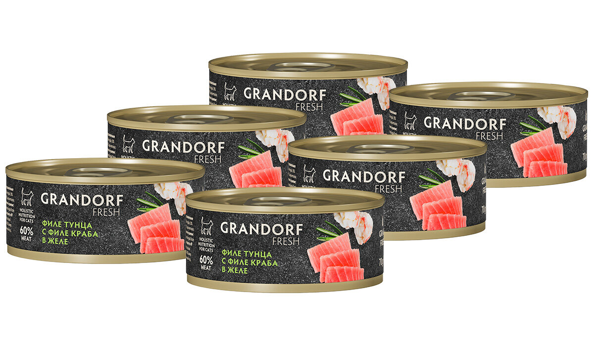 Корм влажный Grandorf Fresh для взрослых кошек с филе тунца и крабом в желе, 70 г х 6 шт