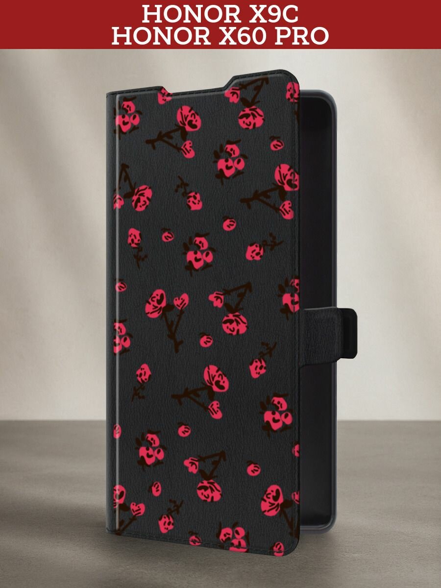 Чехол-книжка на Honor X9C/Honor X60 Pro / Хонор Х9С/Хонор Х60 Про с принтом Паттерн красные розы, черный