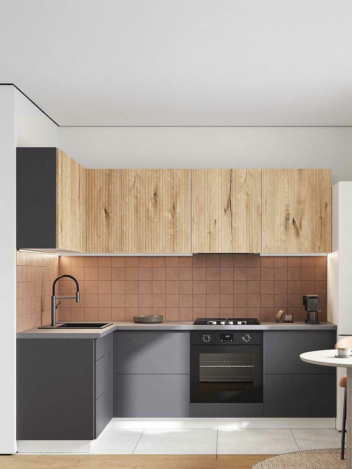 Кухонный гарнитур угловой Комби 2.4х1.4 м, мебель для дома и кухни, Белый / Дуб Торонто / Графит