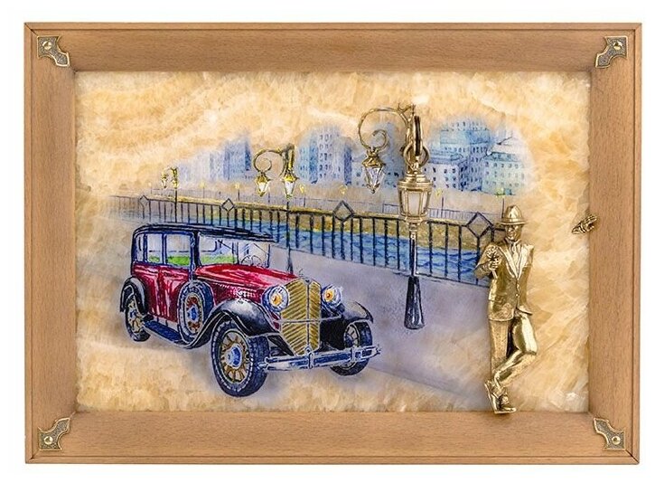 Картина на ониксе Связь времён. Парень с розой с росписью и подсветкой