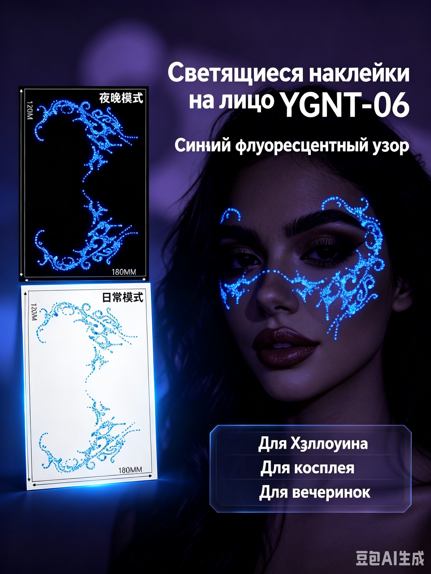 Светящиеся в темноте тату‑наклейки на лицо узор молнии, временные наклейки для Хэллоуина, косплея и вечеринок