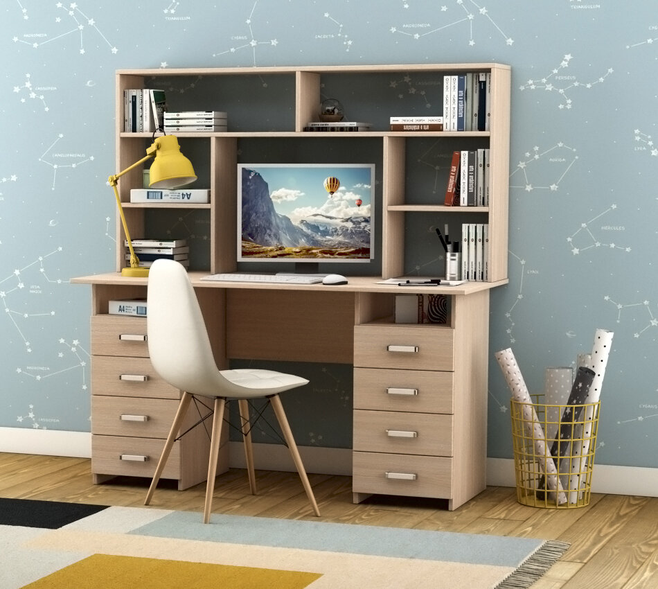 Стол письменный, стол компьютерный Лайт (Ньюкасл) 9 с надстройкой дуб молочный