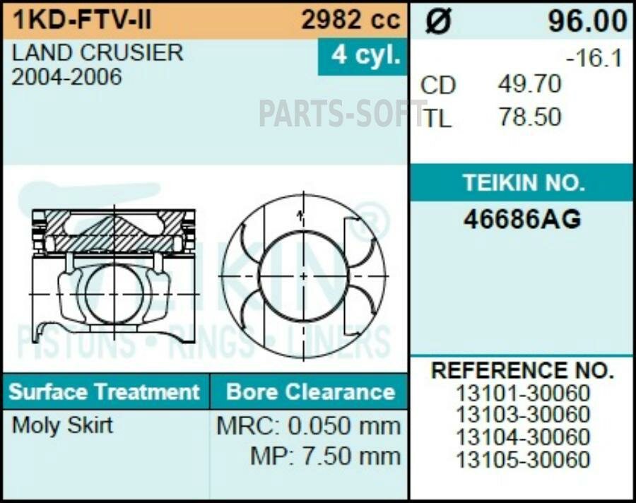 Поршень (STD/ к-т 4 шт с охлаждением) Toyota Hilux Pick Up 04-15 / Land Cruiser Prado 99-17 1KDFTV TEIKIN арт. 46686AGSTD