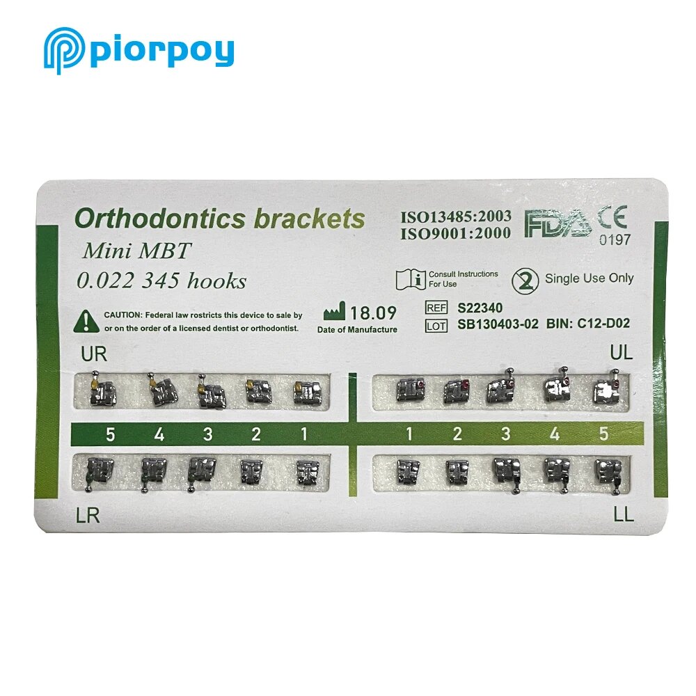 Металлические ортодонтические скобы PIORPOY Mini Roth/MBT 022 20 шт. MBT 022 Hooks 345