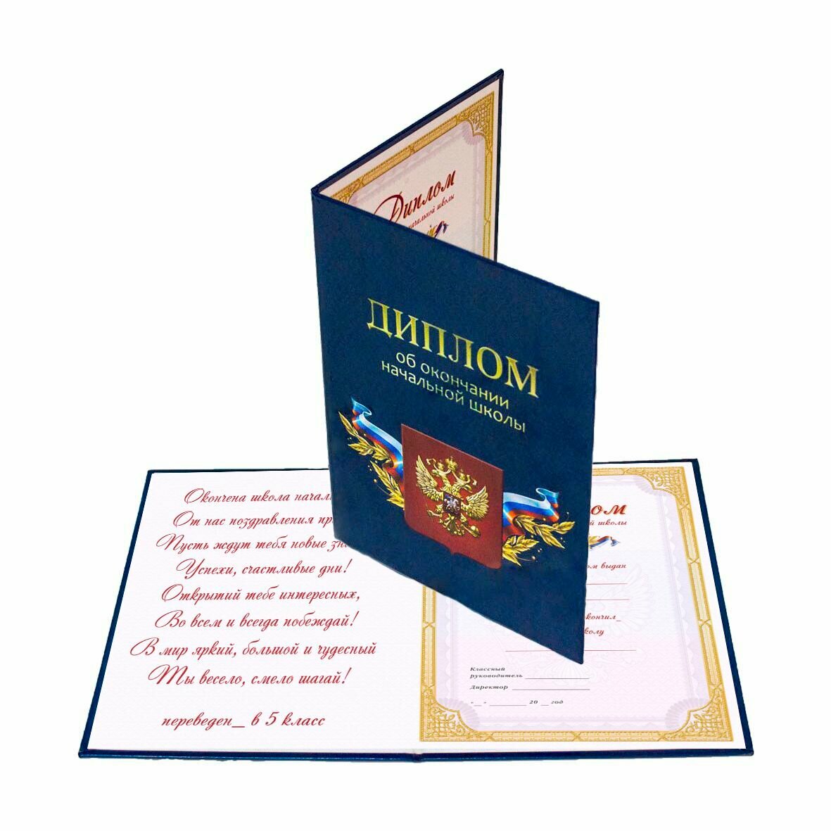 Дипломы для выпускников начальной школы / 20 штук / синие, твердая обложка/ ламинированные / 13*18см/ 65гр.
