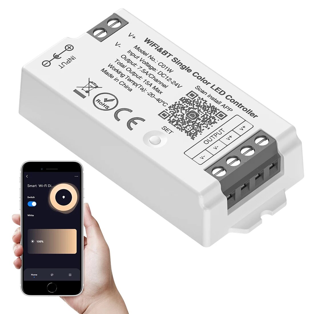 Wi-Fi/BT Single Color LED Controller, 12-24V