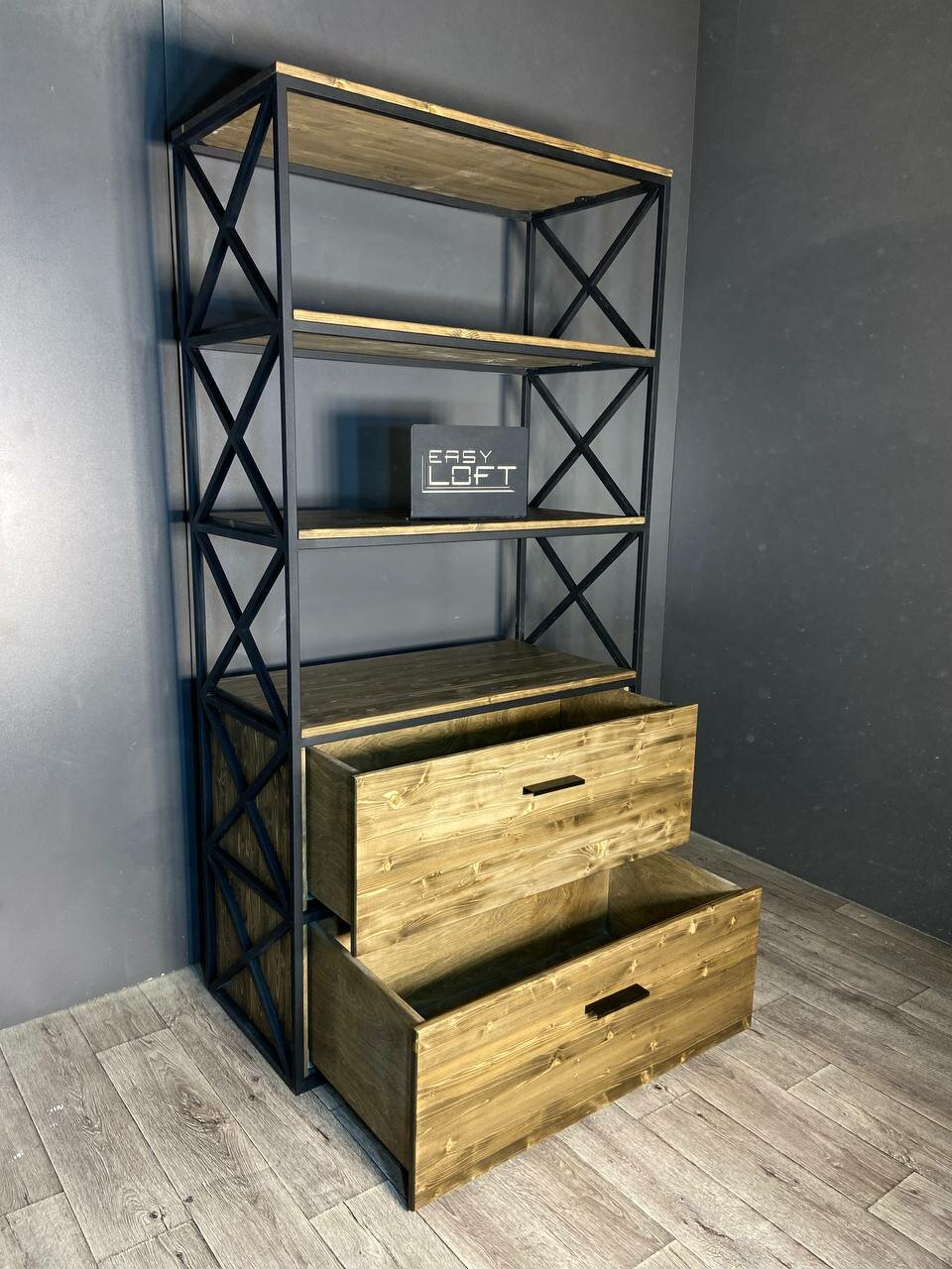 Стеллаж "EasyLOFT" в стиле лофт из массива хвойных пород, с полками открытого типа и ящиками, 100х50х200 см.