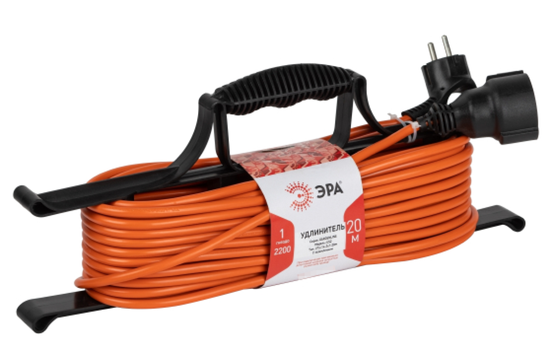 Удлинитель силовой на рамке ЭРА UFx-1e-3x1-20m с заземлением, провод ПВС 3х1мм2, оранжевый, 1 штепсельное гнездо, 20м, Б0048666 / электрика