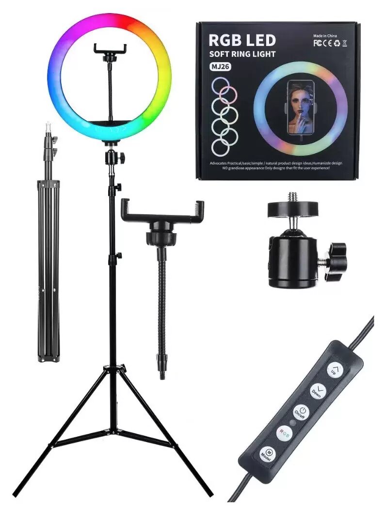 Кольцевая селфи LED светодиодная лампа MJ-26 (26 см), держатель, пульт, штатив 210 см