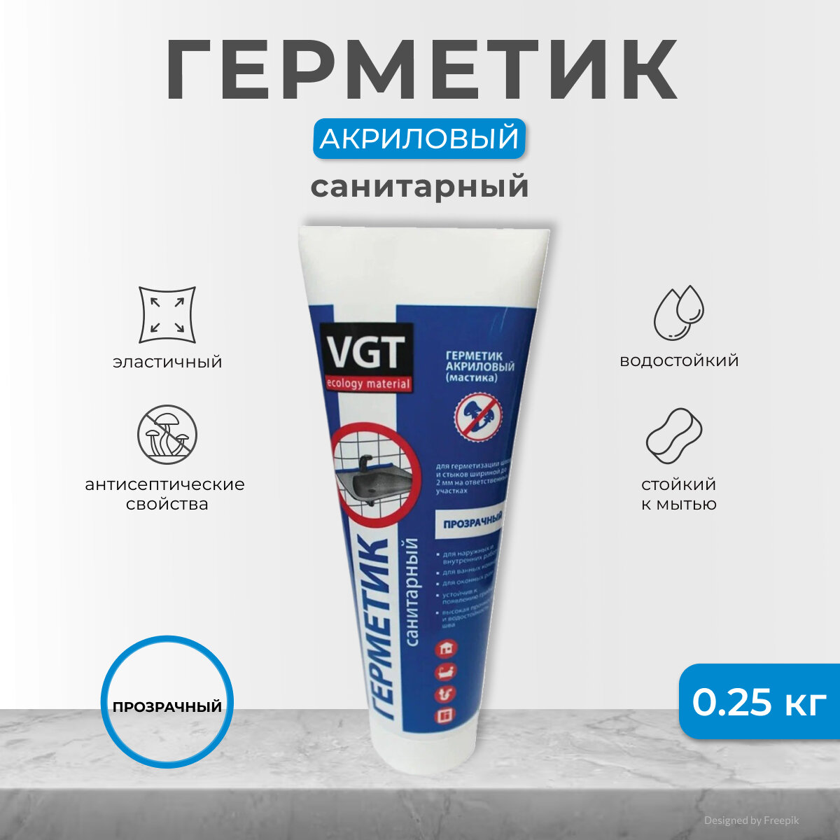 Герметик акриловый санитарный VGT, 250 г, прозрачный, 1шт, картридж