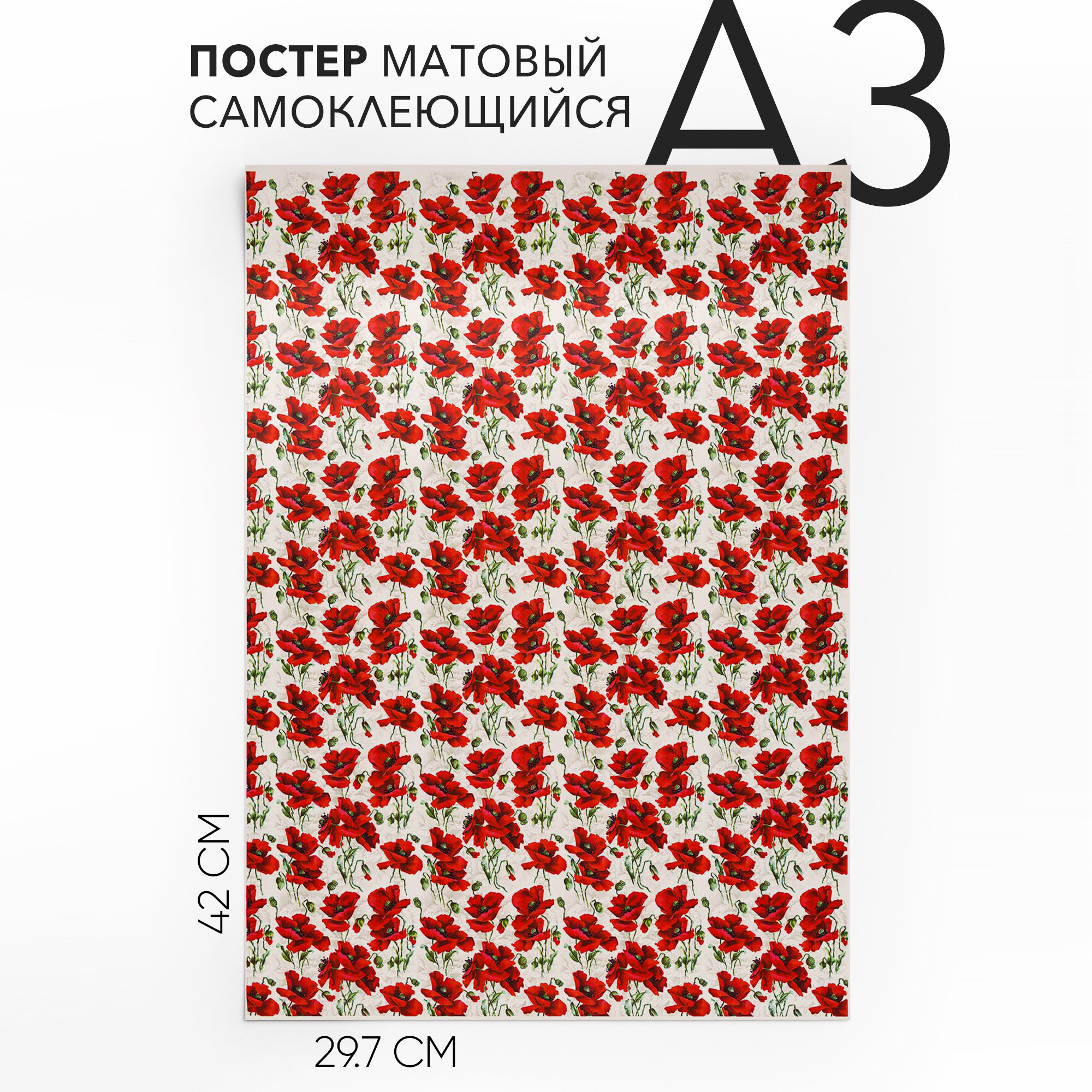 Постер на стену самоклеящийся A3 Маки, влагостойкий, для декора
