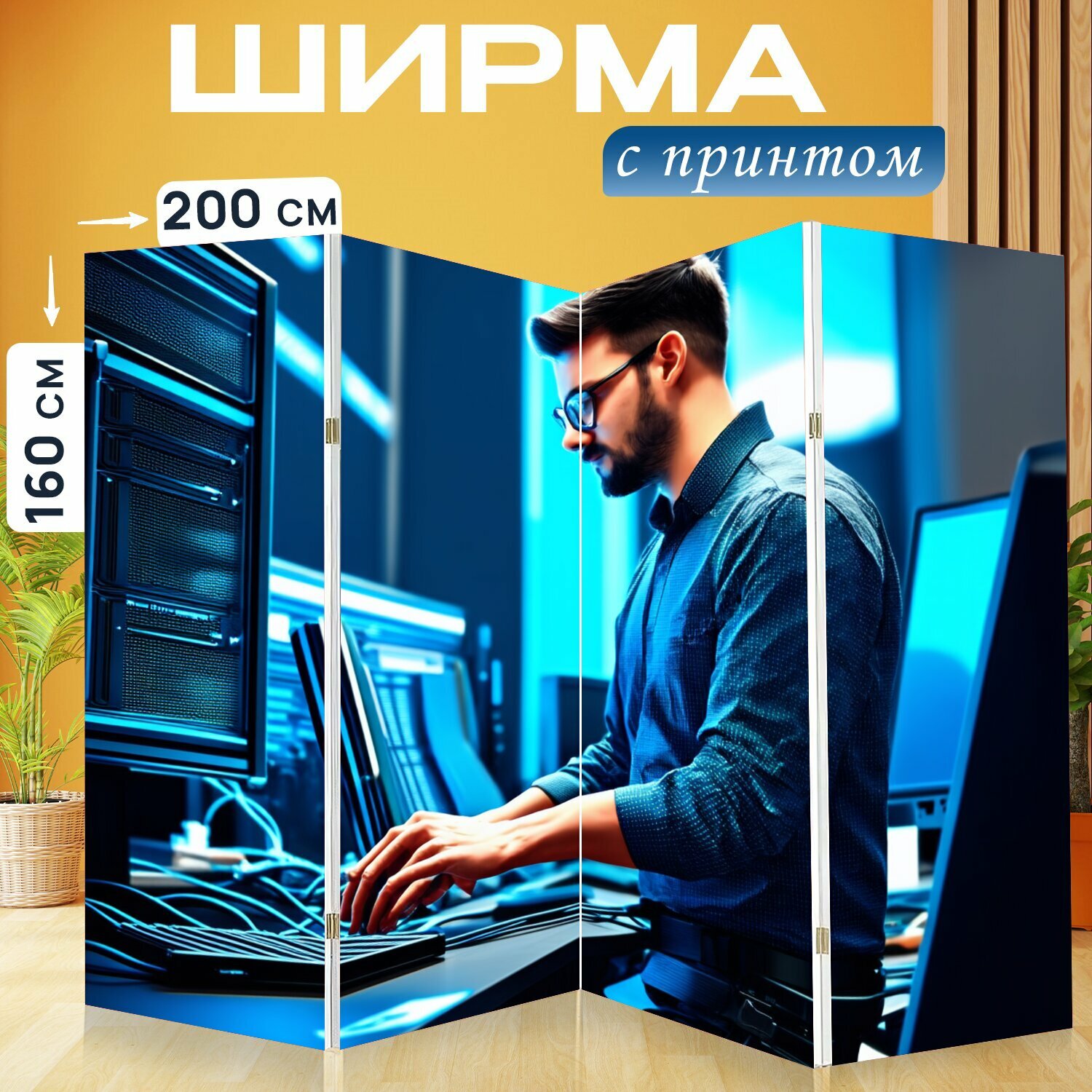 Ширма "Системный администратор настроит серверы в своем офисе, окруженный мониторами и проводами. стиль: высокие" перегородка для зонирования комнаты с принтом 200x160 см. на холсте