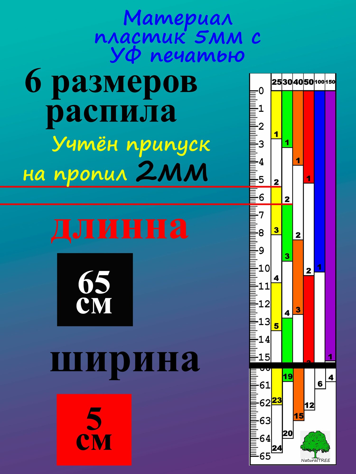Линейка для пилорамы 65см 6 размеров на листовом пластике, 2мм пропил