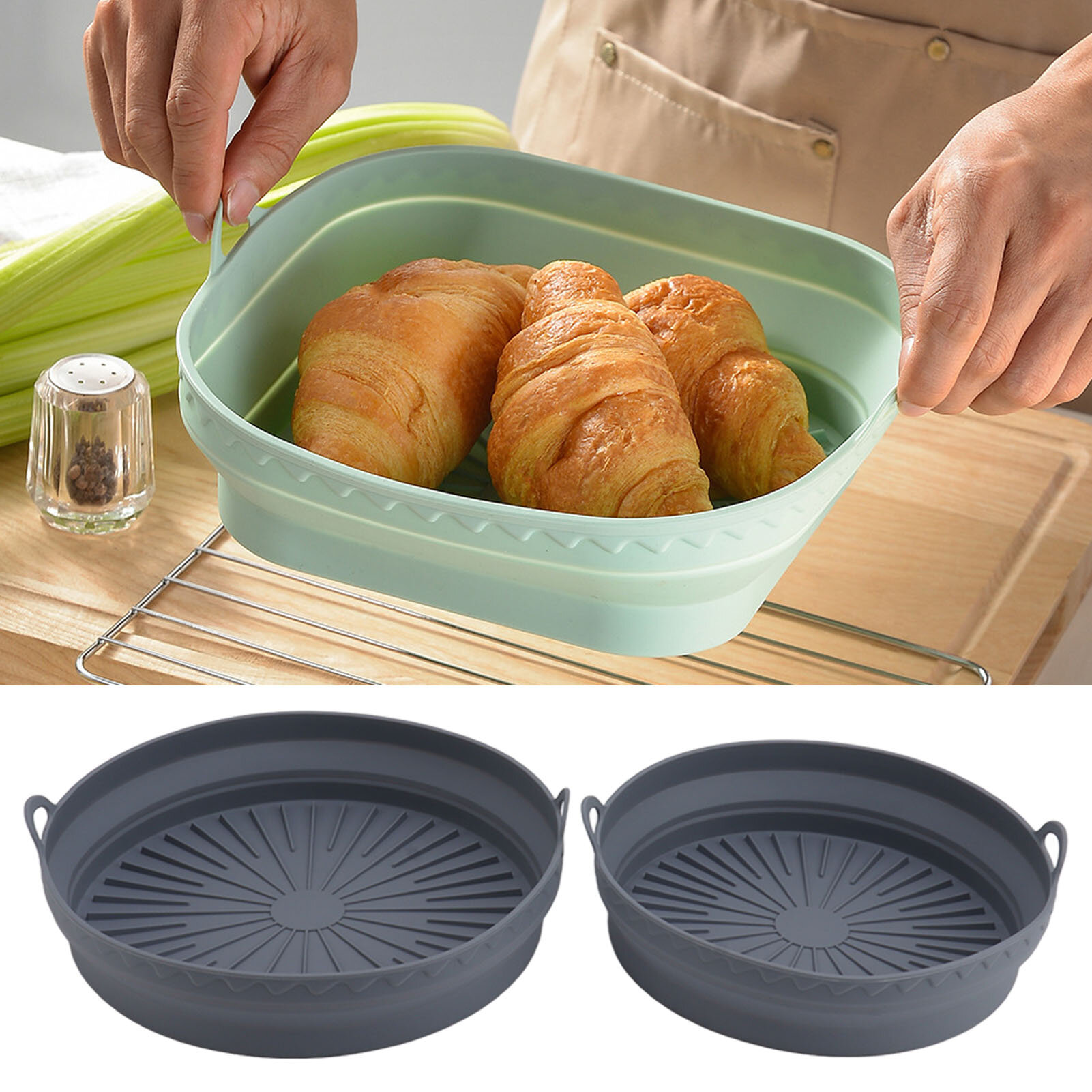 2 шт, силиконовые вкладыши для кухонной фритюрницы, корзина, складная многоразовая кухонная фритюрница, силиконовая чаша для кухонной фритюрницы, серый цвет