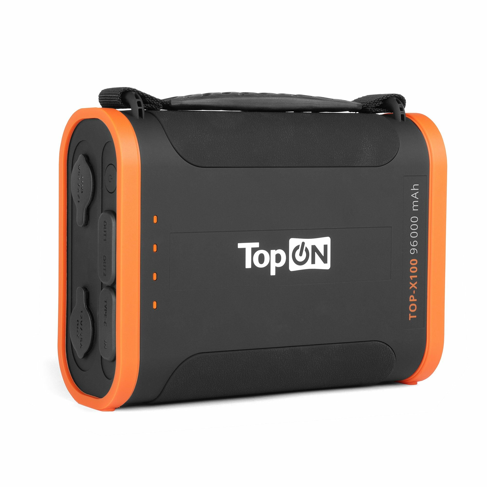 Универсальный внешний аккумулятор TOP-X100 96000mAh: USB Type-C PD 60W, USB1 QC3.0, USB2 12W, 2 авторозетки 180W, фонарь, защита от попадания пыли и брызг.