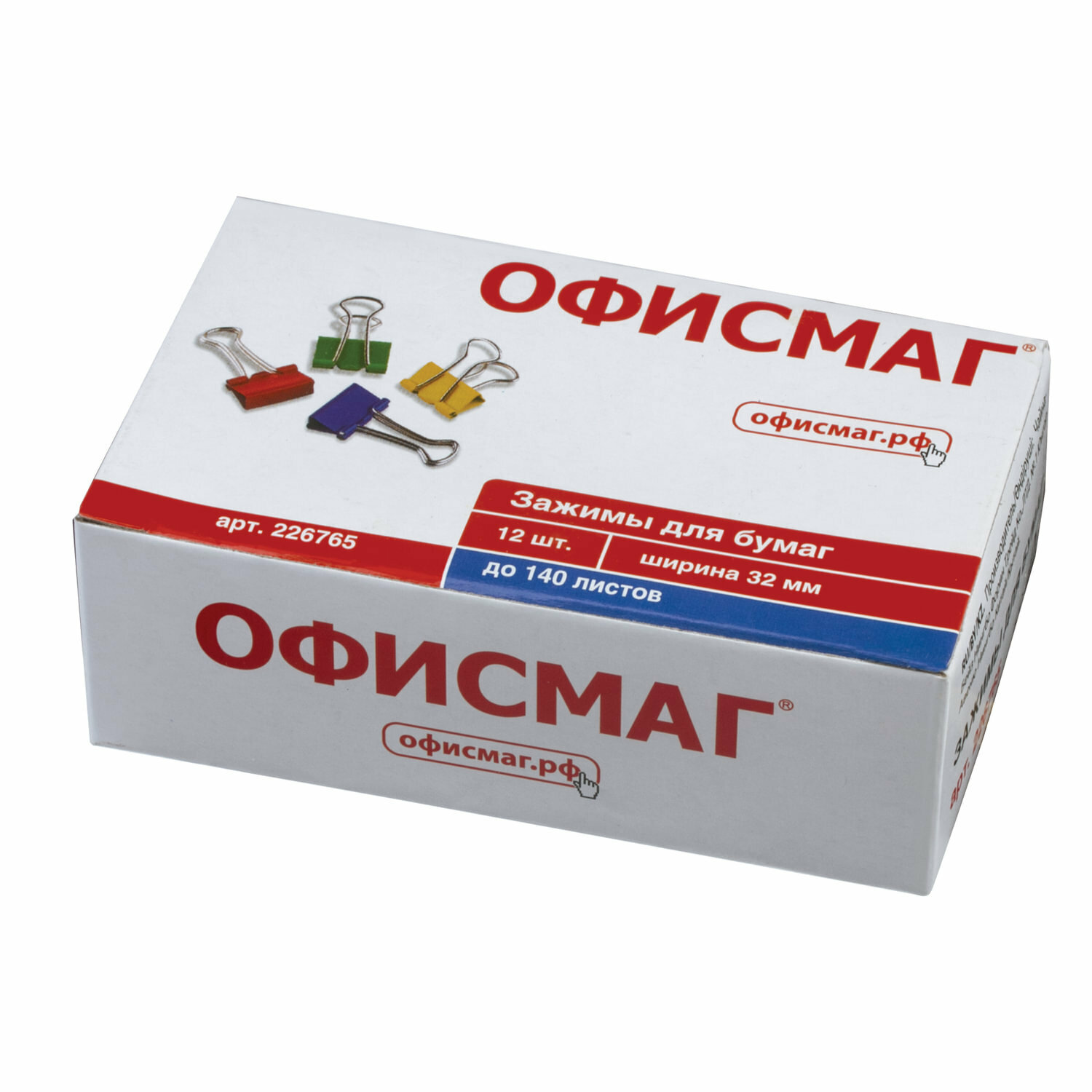 Зажимы для бумаг Офисмаг 12 шт, 32 мм, на 140 листов, цветные (226765)
