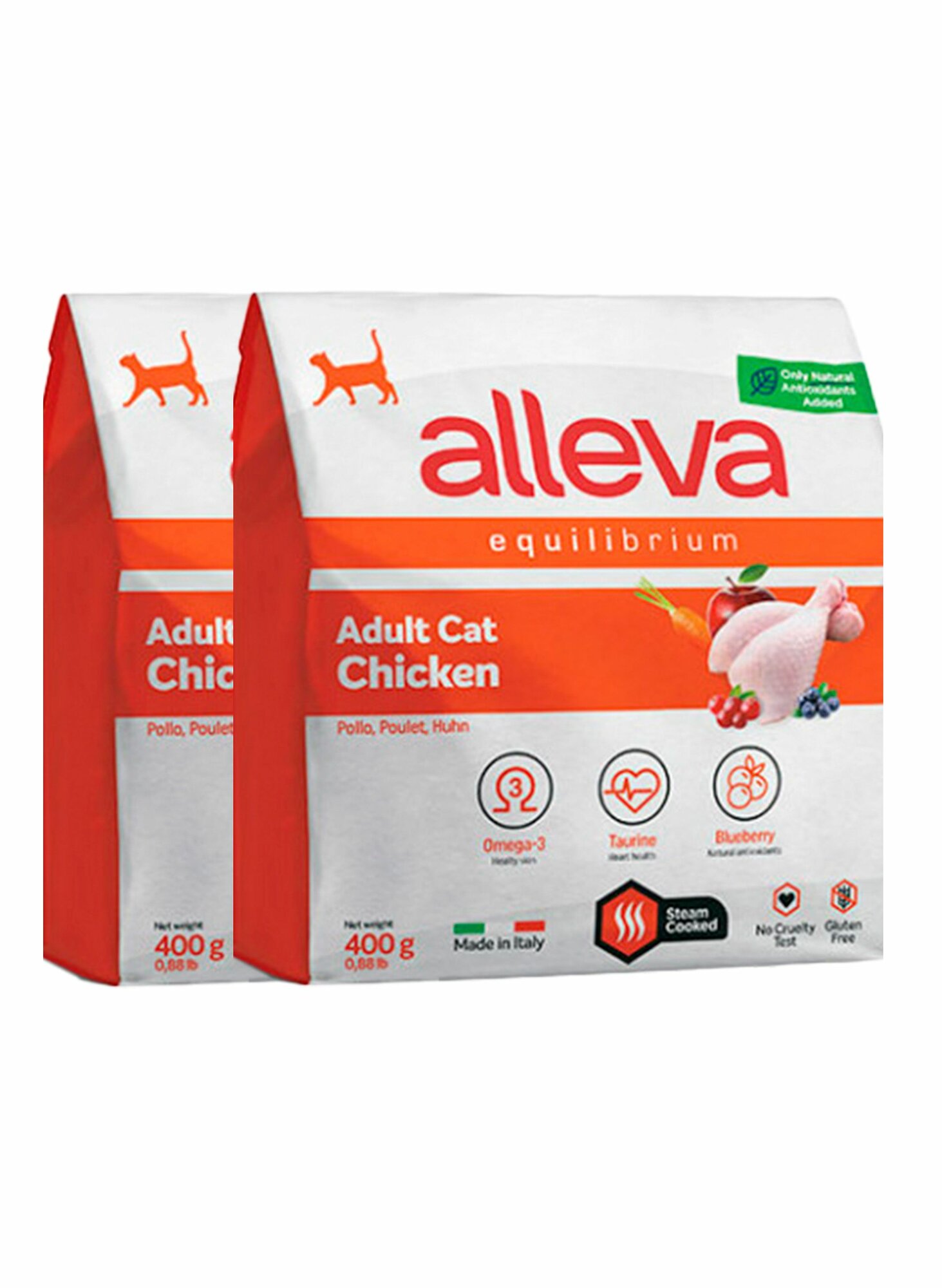 ALLEVA Полнорационный корм для взрослых кошек с курицей. 0,4 кг. х 2 шт.