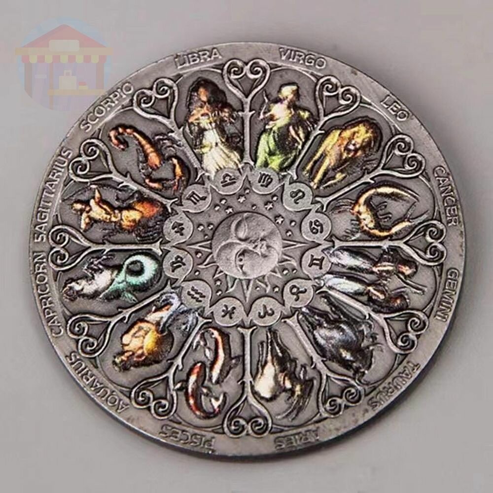 Красочные медальоны с изображением 12 знаков Зодиака, монеты-хранители богини удачи