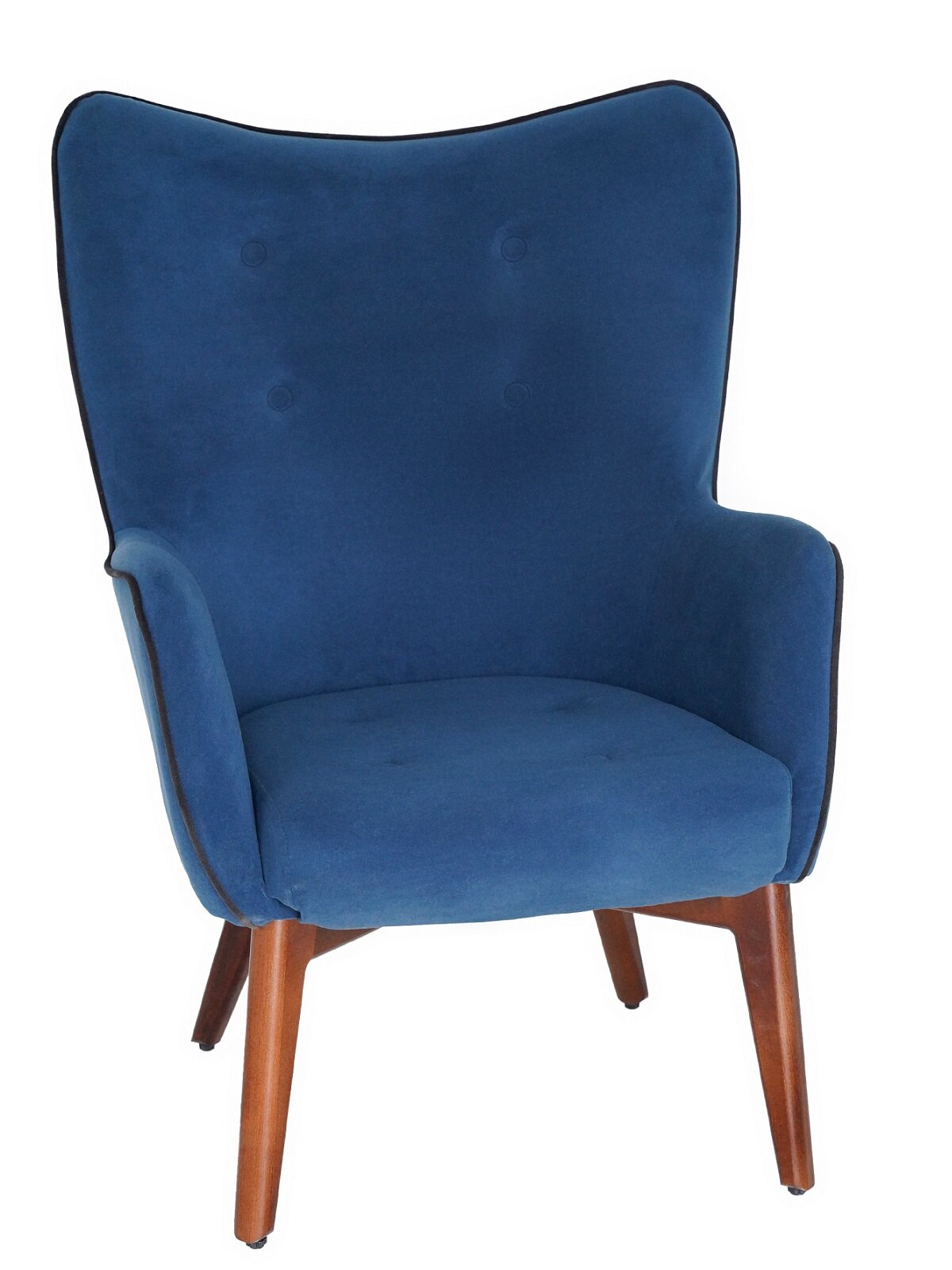 Кресло КР Bekvem не раскладное, с пуговицами, ножки орех, велюр синий
