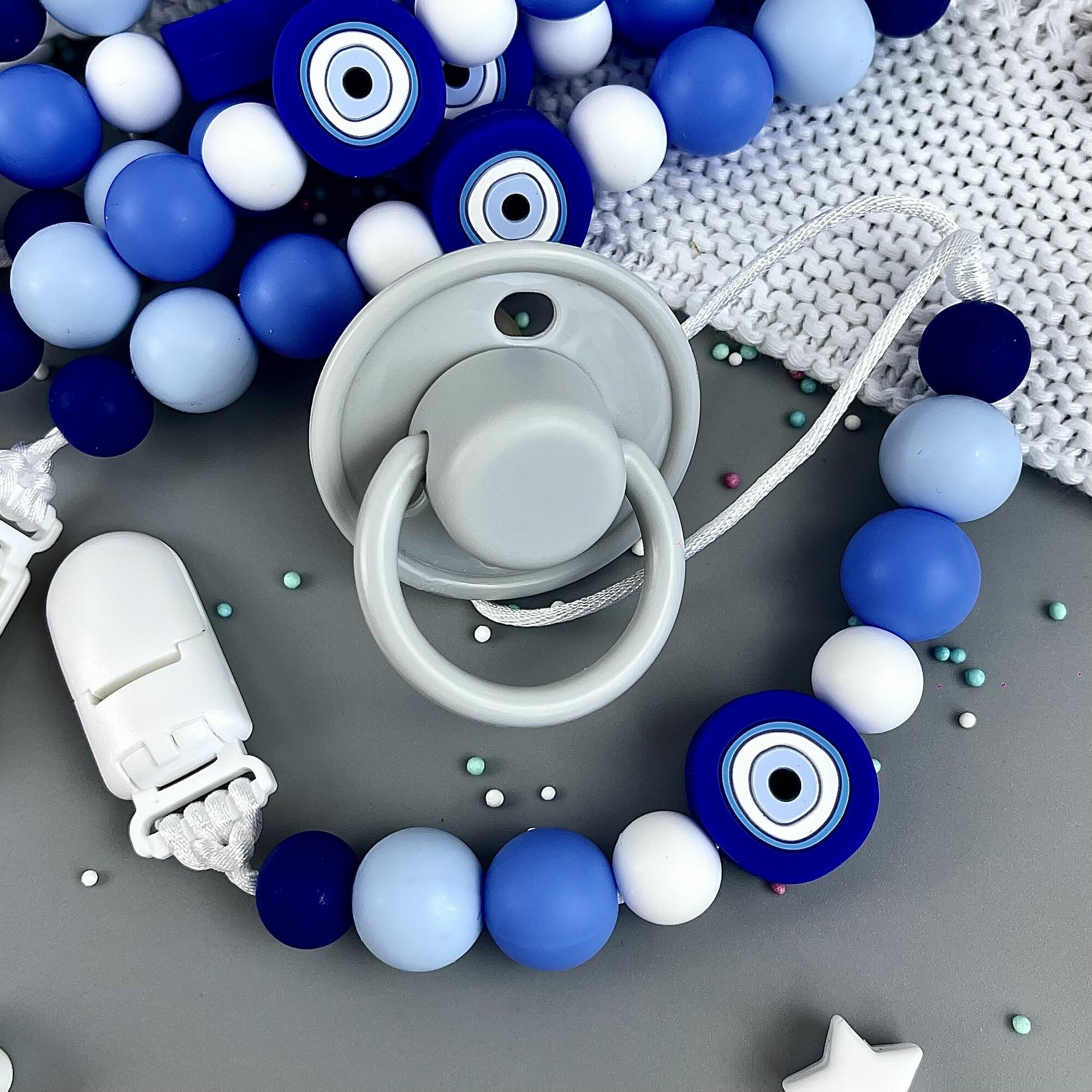 Держатель для соски прорезыватель от сглаза, синий