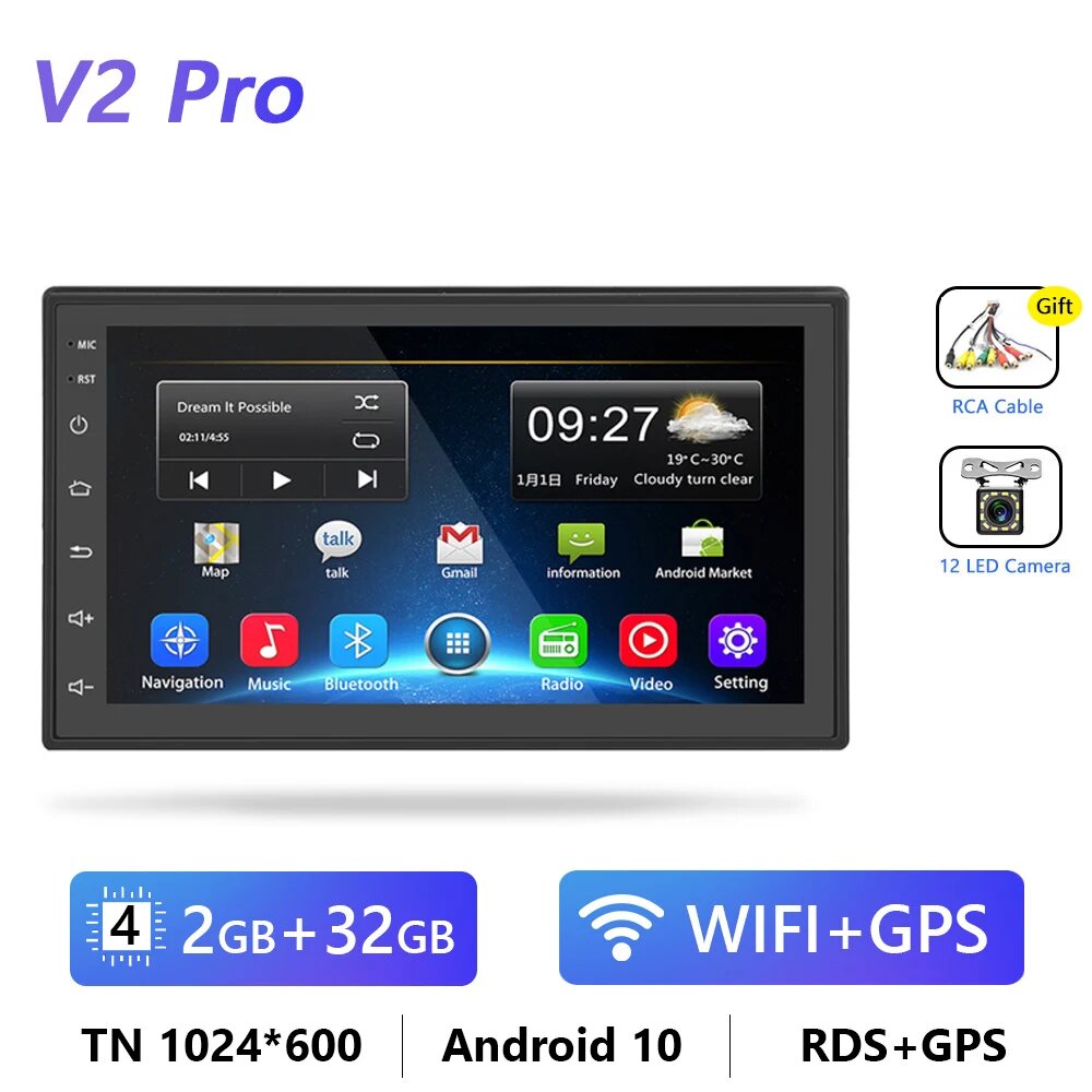 Автомагнитола Podofo 2 Din, 7 дюймов, android 1 + 32 ГБ, GPS-навигация, 2G-32G Cam