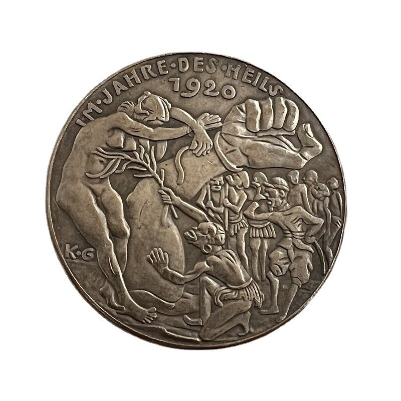 Копия памятной монеты Германии 1920 года. Медная коллекционная монета в античном стиле с изображением символических фигур и поднятого кулака. Винтажная историческая монета для демонстрации и нумизматической коллекции.