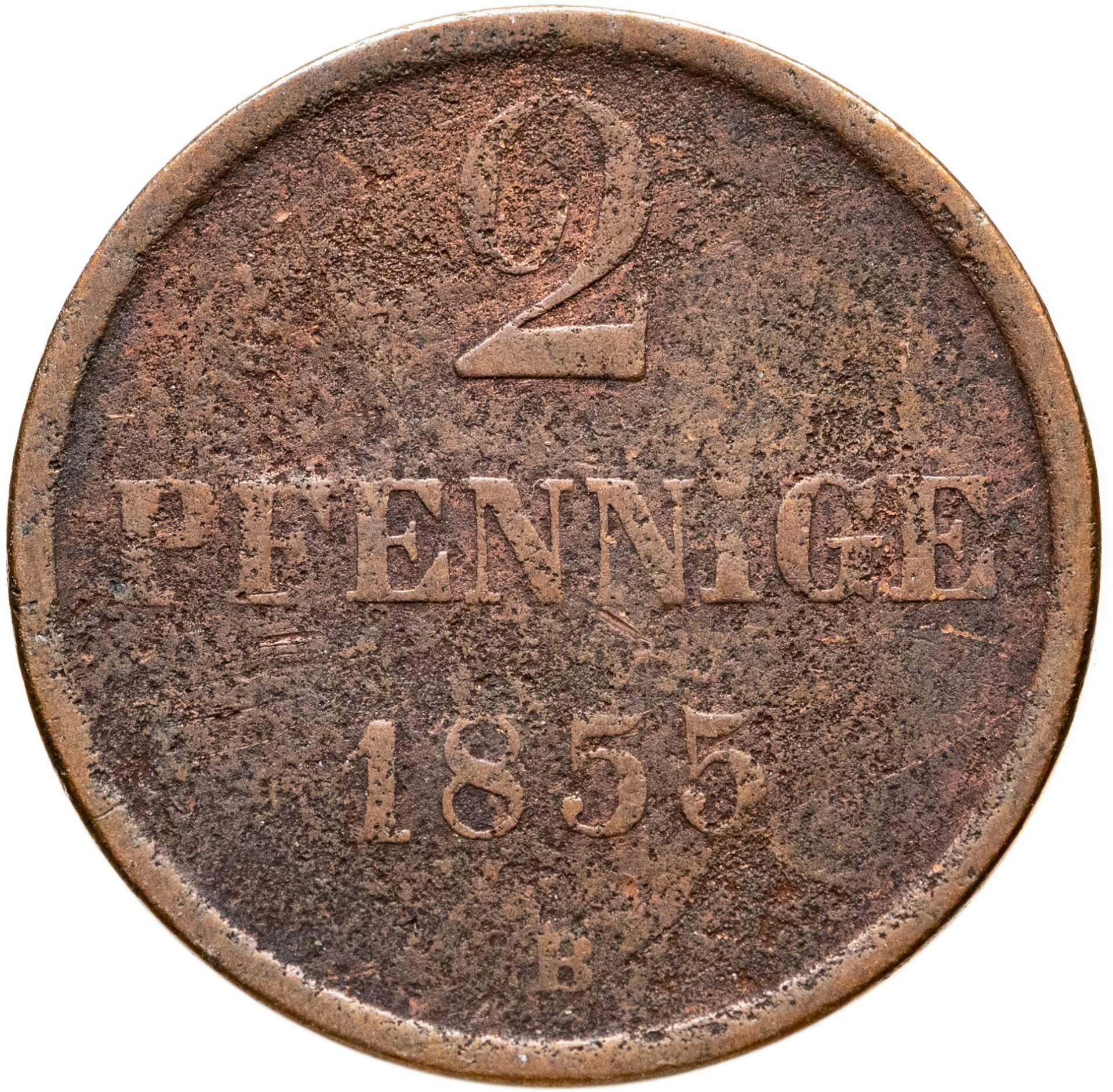Ганновер 2 пфеннига 1855, Медь, в сохранности F-VF