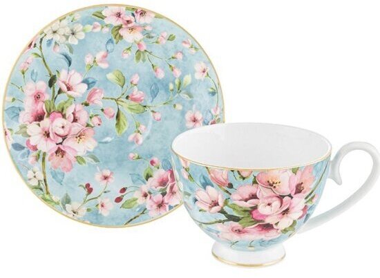 Чайная пара Elan Gallery "Яблоневый цвет на голубом" на ножке, 2 шт, 300 мл