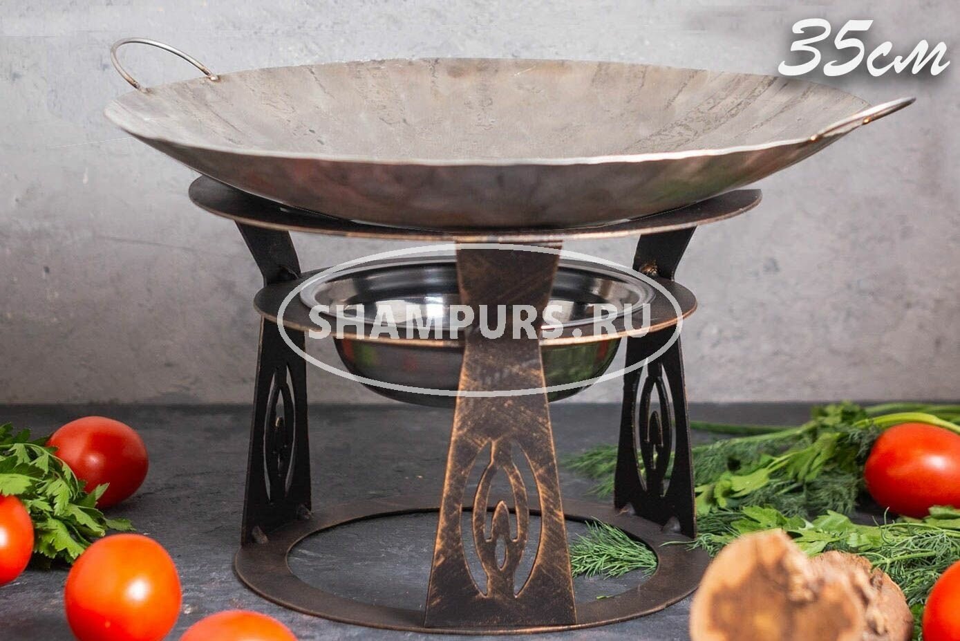 Сковорода Садж из нержавеющей стали 35 см с подставкой Огонек