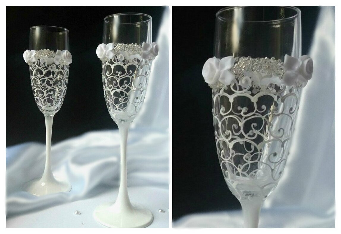 Свадебные бокалы для молодоженов с цветами из полимерной глины и росписью белого цвета