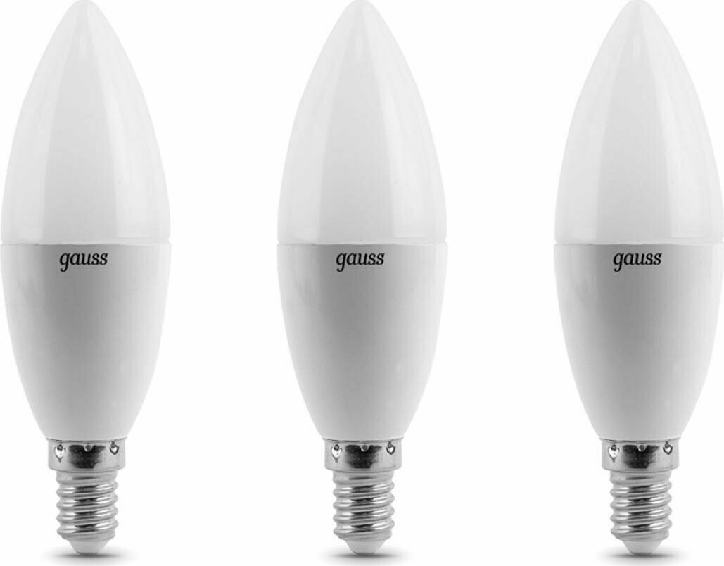 Светодиодная лампа Gauss Black 6.5W эквивалент 60W 3000K 520Лм E14 свеча (комплект из 3 шт)