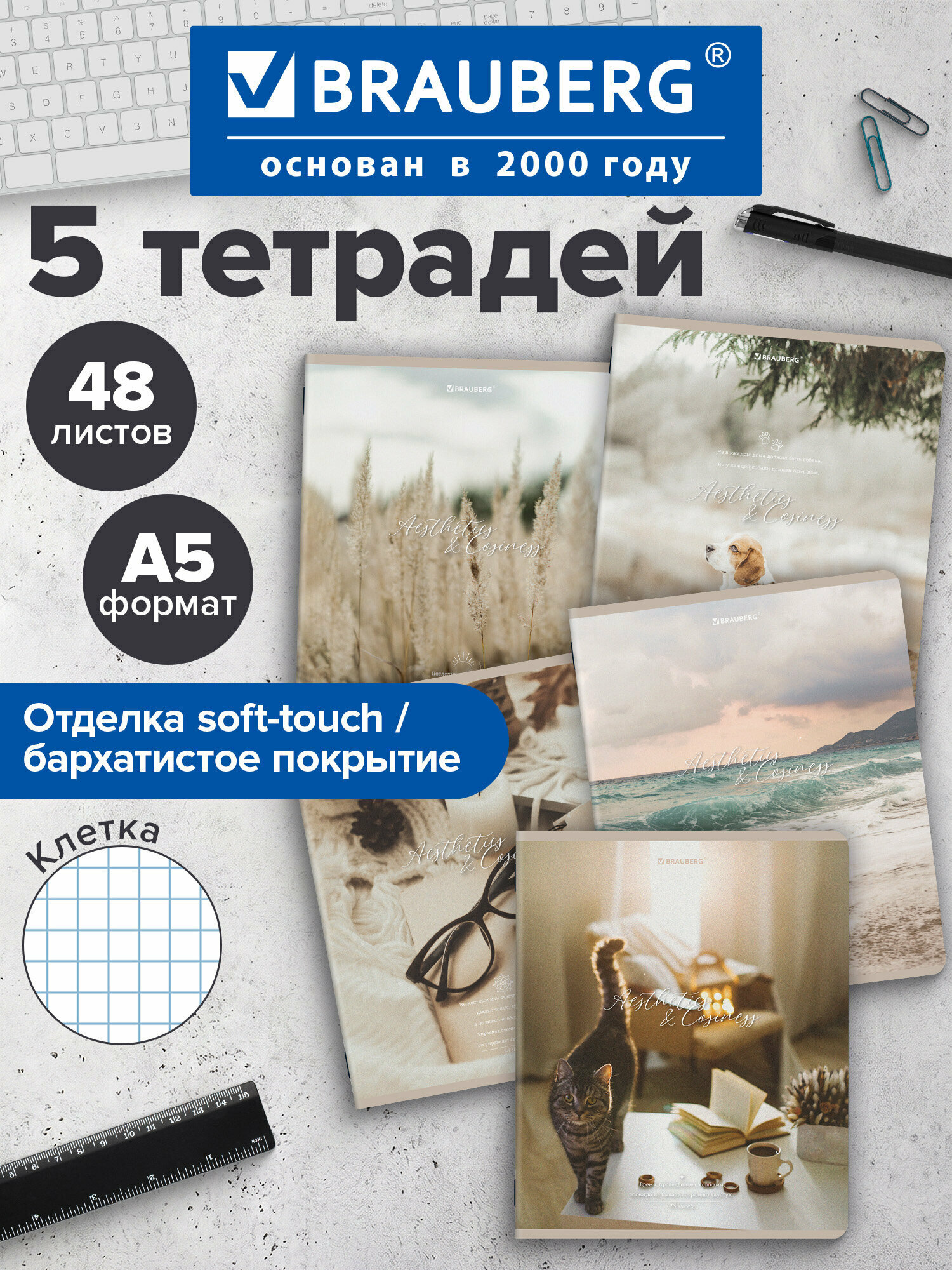 Тетрадь А5 в клетку 48 листов для записей в школу и офис, набор 5 штук, обложка soft-touch, Brauberg Esthetics, 404929