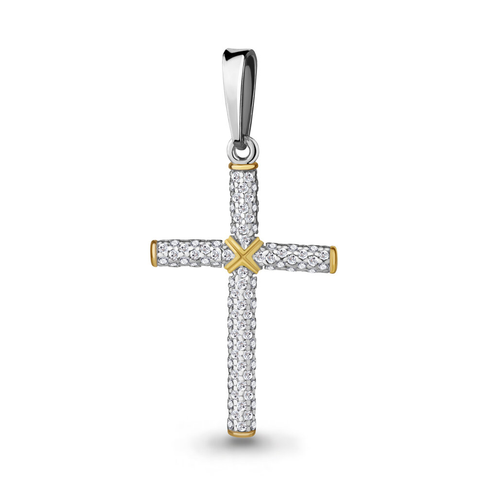 Крестик, серебро, 925 проба, родирование, фианит