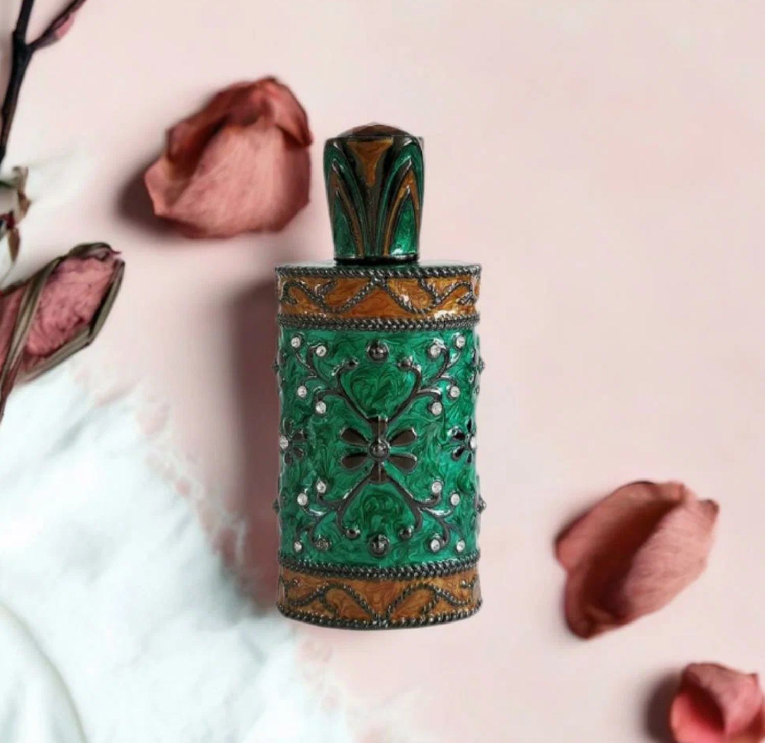 Флакон для масляных духов Ateeq с эмалью, 12мл, металл, стекло, камни, зеленый, коричневый