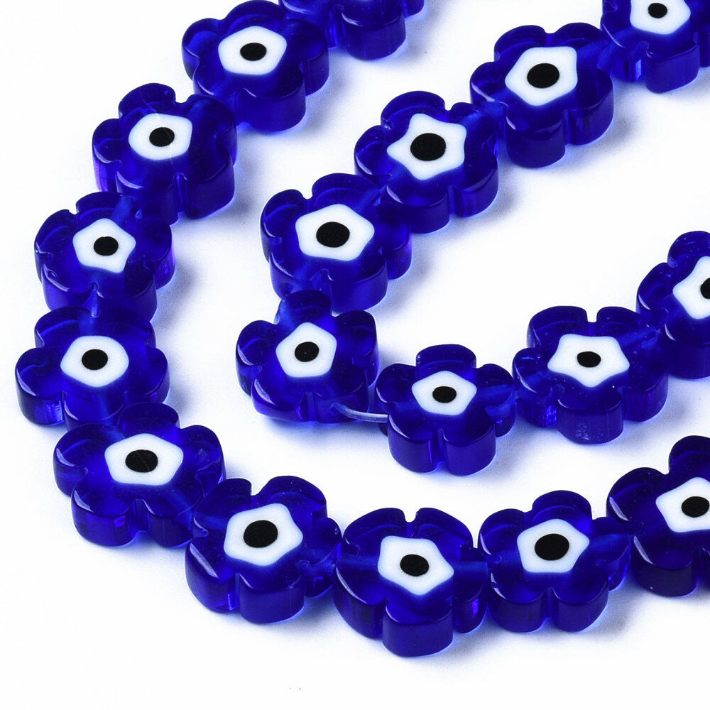 Бусины миллефиори, 9х3-12х5мм, плоские цветочки, синие с белым и чёрным, 18 шт, низка