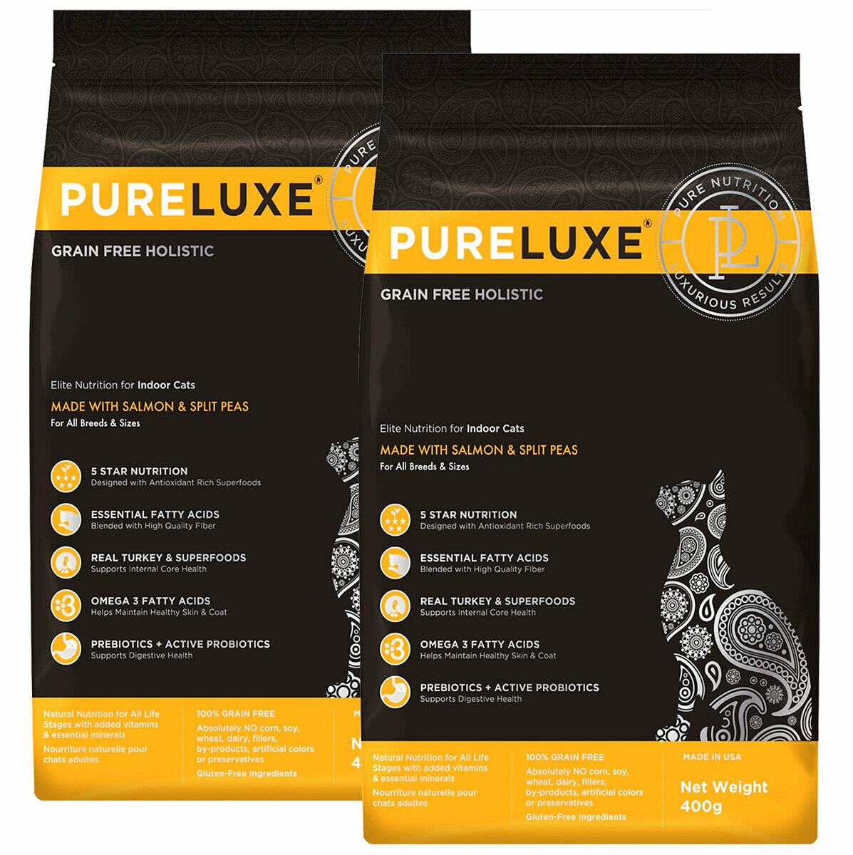 PURELUXE элитное питание беззерновой для взрослых кошек живущих дома с лососем и горошком (0,4 + 0,4 кг)