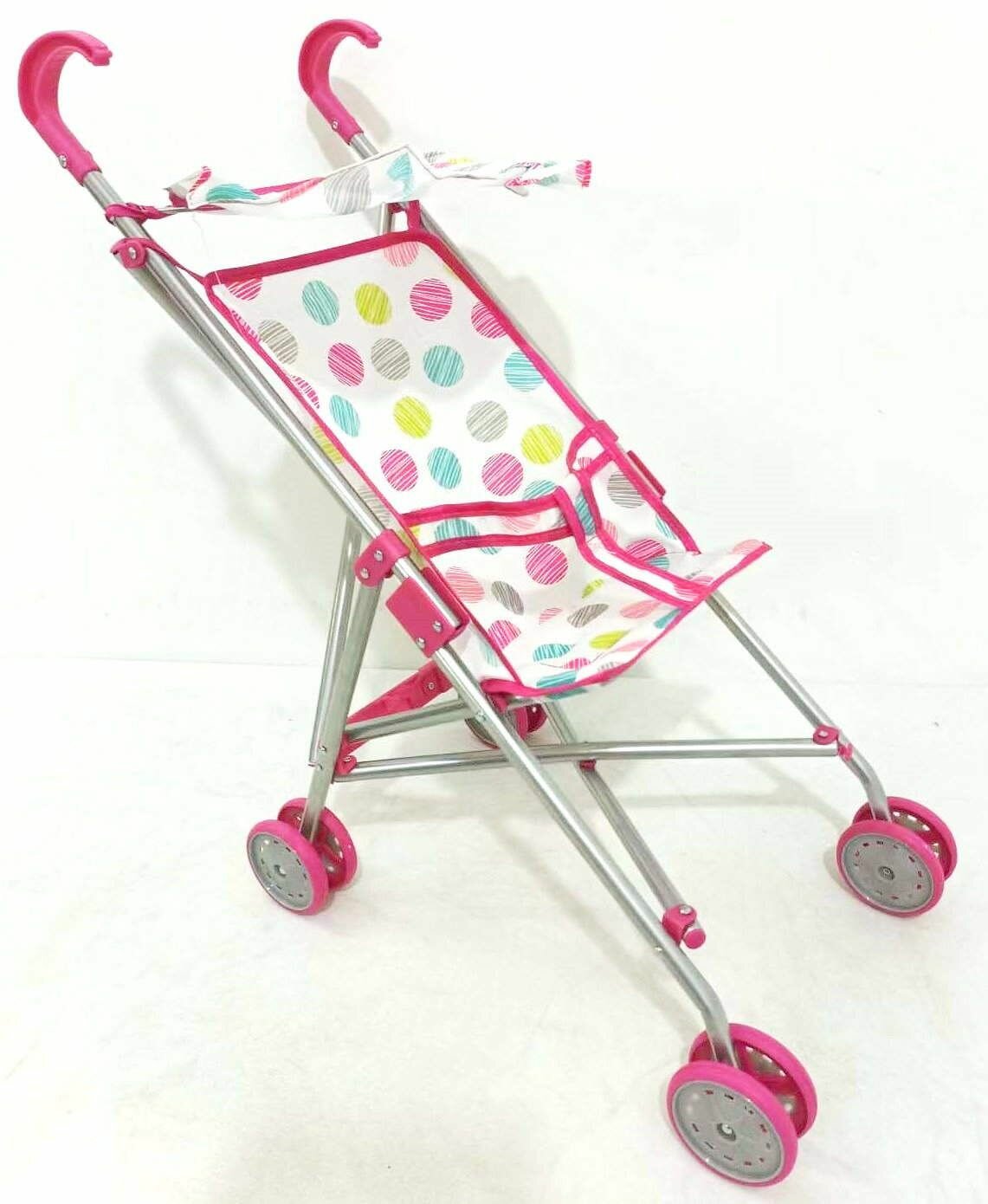 Коляска-трость для кукол белая в горошек, в пакете