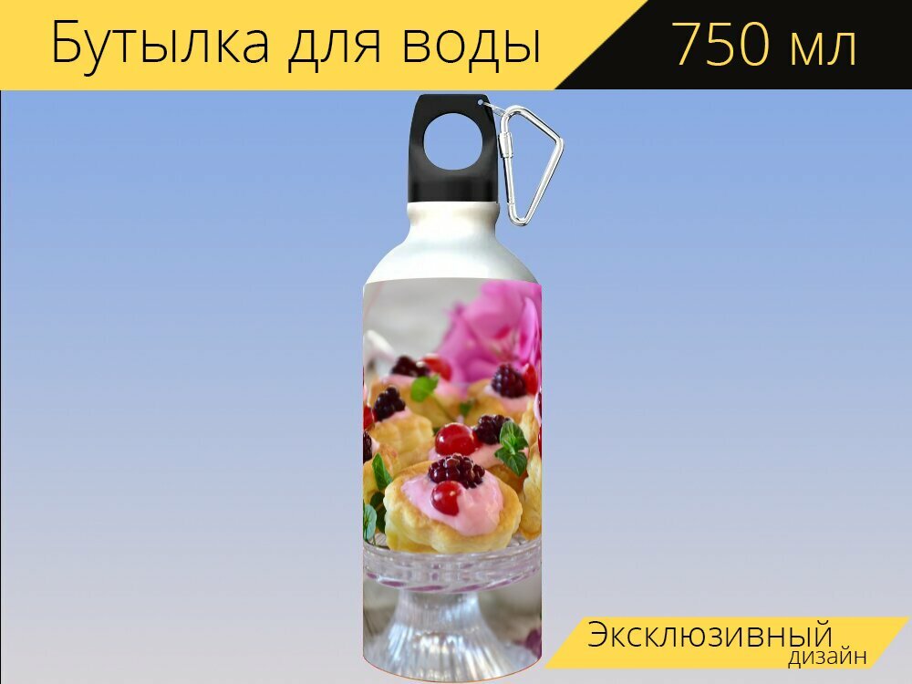 Бутылка фляга для воды "Торты, слоеное тесто, хлебобулочные изделия" 750 мл. с карабином и принтом