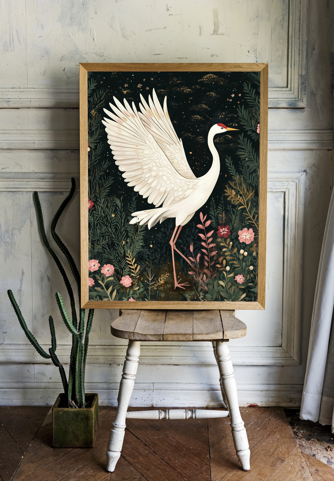 Постер "Изящная цапля в саду" 50x70 в раме