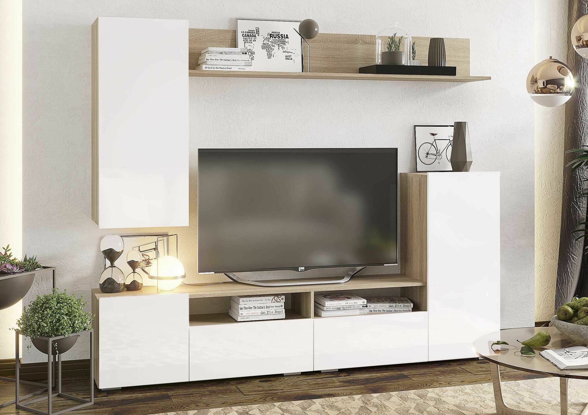 Гостиная "Лия" МДФ (2130х1680х350) Дуб сонома/Белый глянец (Rikko)