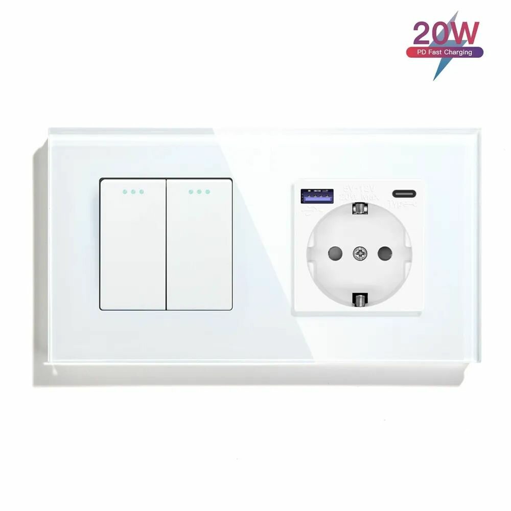Выключатель двухклавишный с розеткой MVAVA, с USB Type-C, стекло, с заземлением, белый
